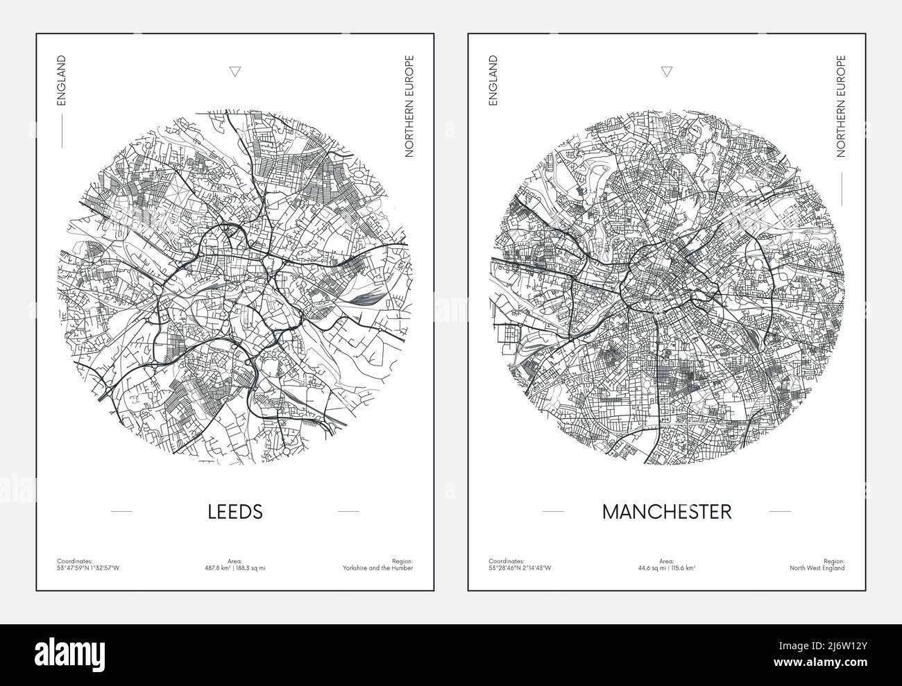 Travel poster, urban street plan city map Leeds and Manchester, vector ...