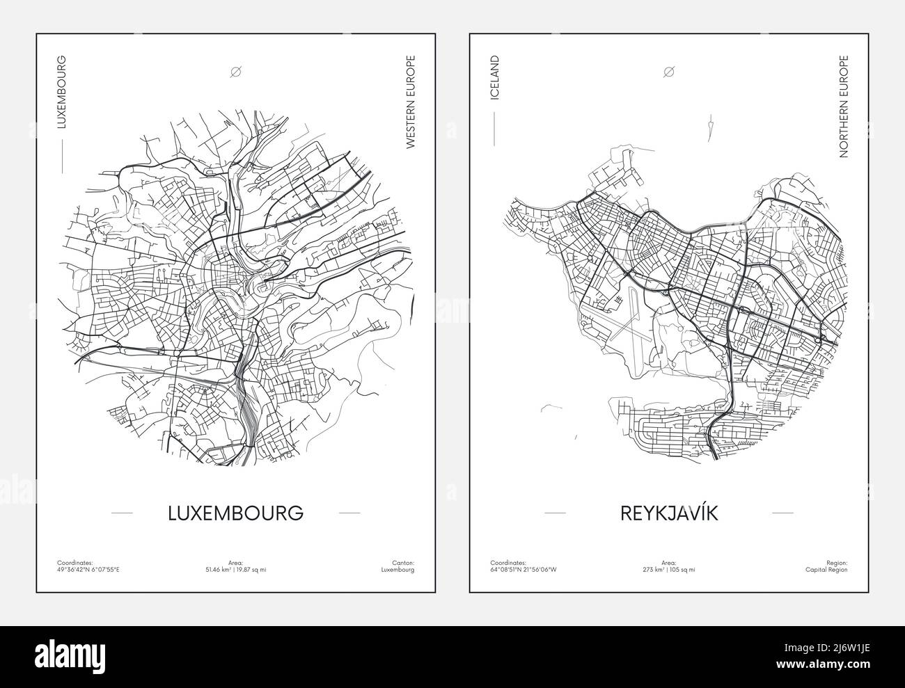 Travel poster, urban street plan city map Luxembourg and Reykjavik ...
