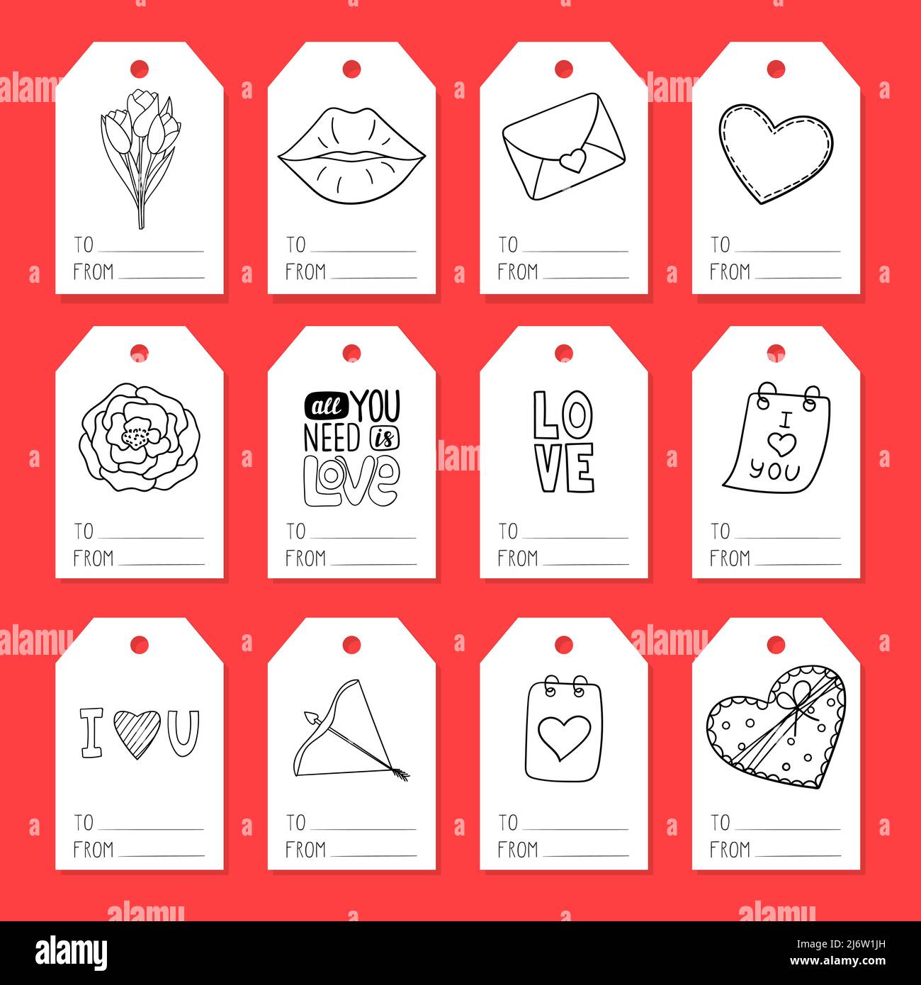 A set of tags for gift wrapping with elements on the theme of Valentine ...