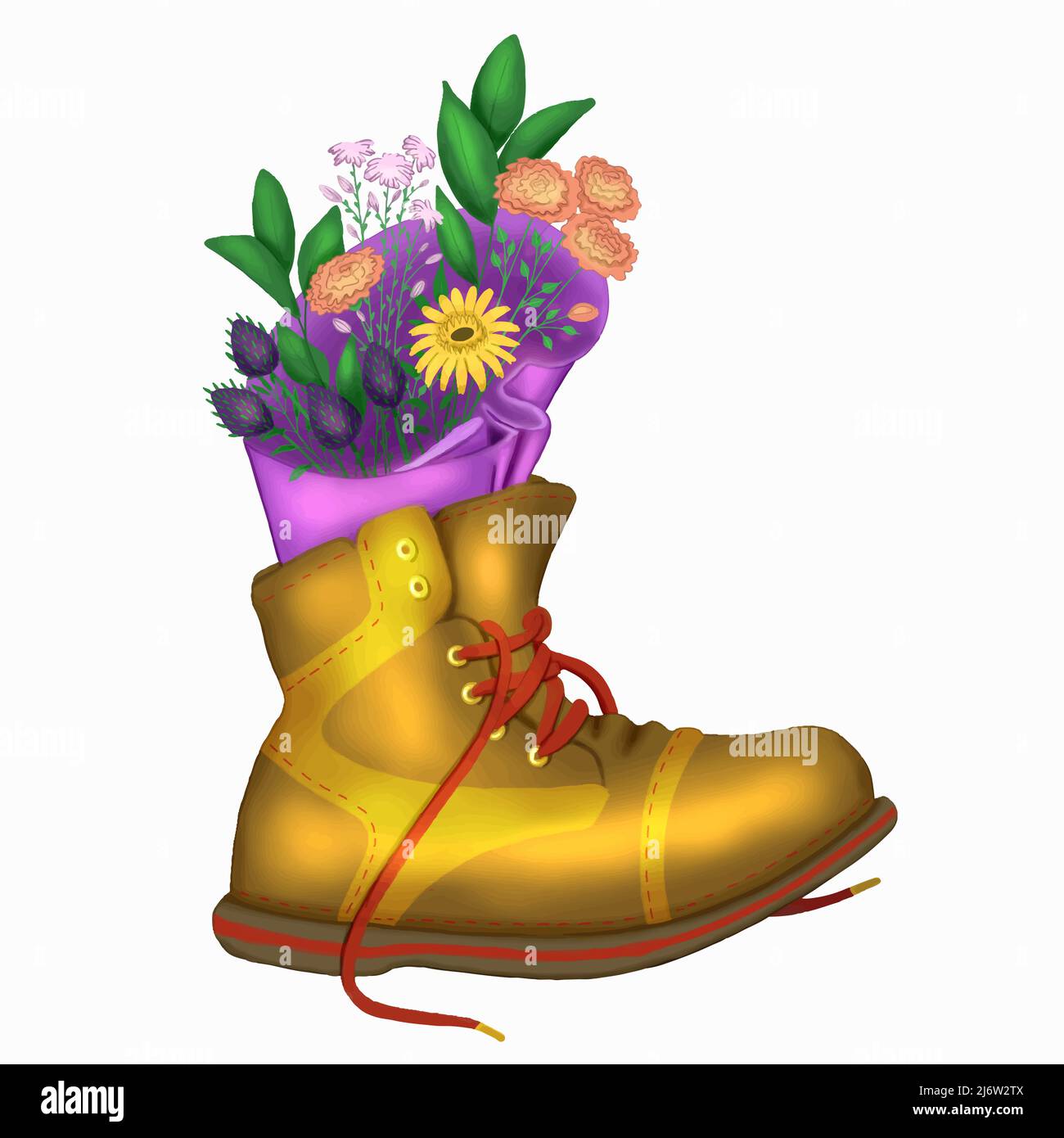 A bouquet of flowers in a boot. Isolated stock vector illustration ...