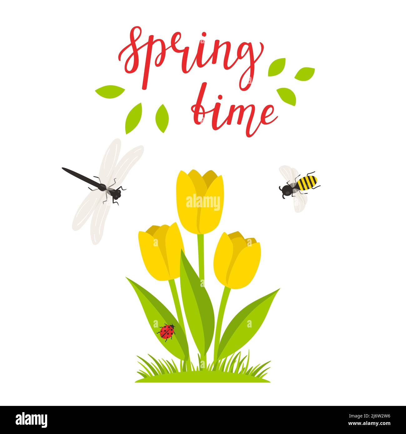 A bush of yellow tulips and a calligraphic inscription - Spring time ...