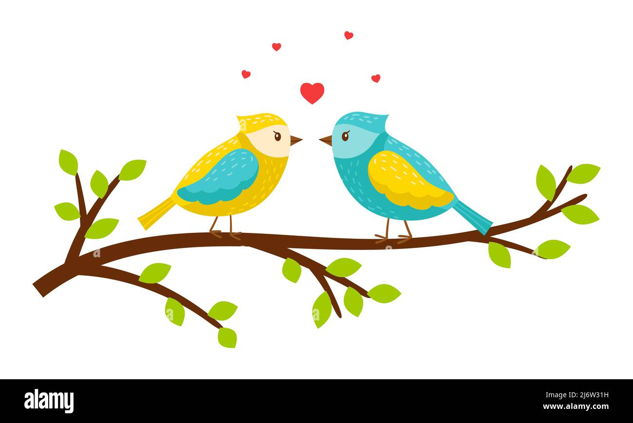 Beautiful spring birds in love are sitting on a branch with leaves ...