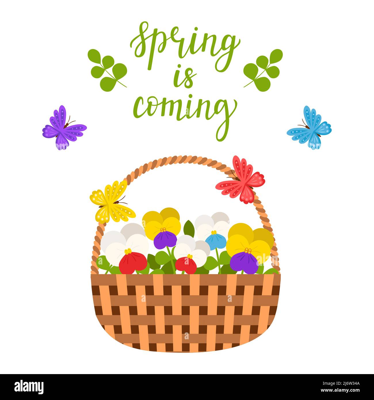 Wicker basket with spring and summer flowers, pansies, leaves and ...