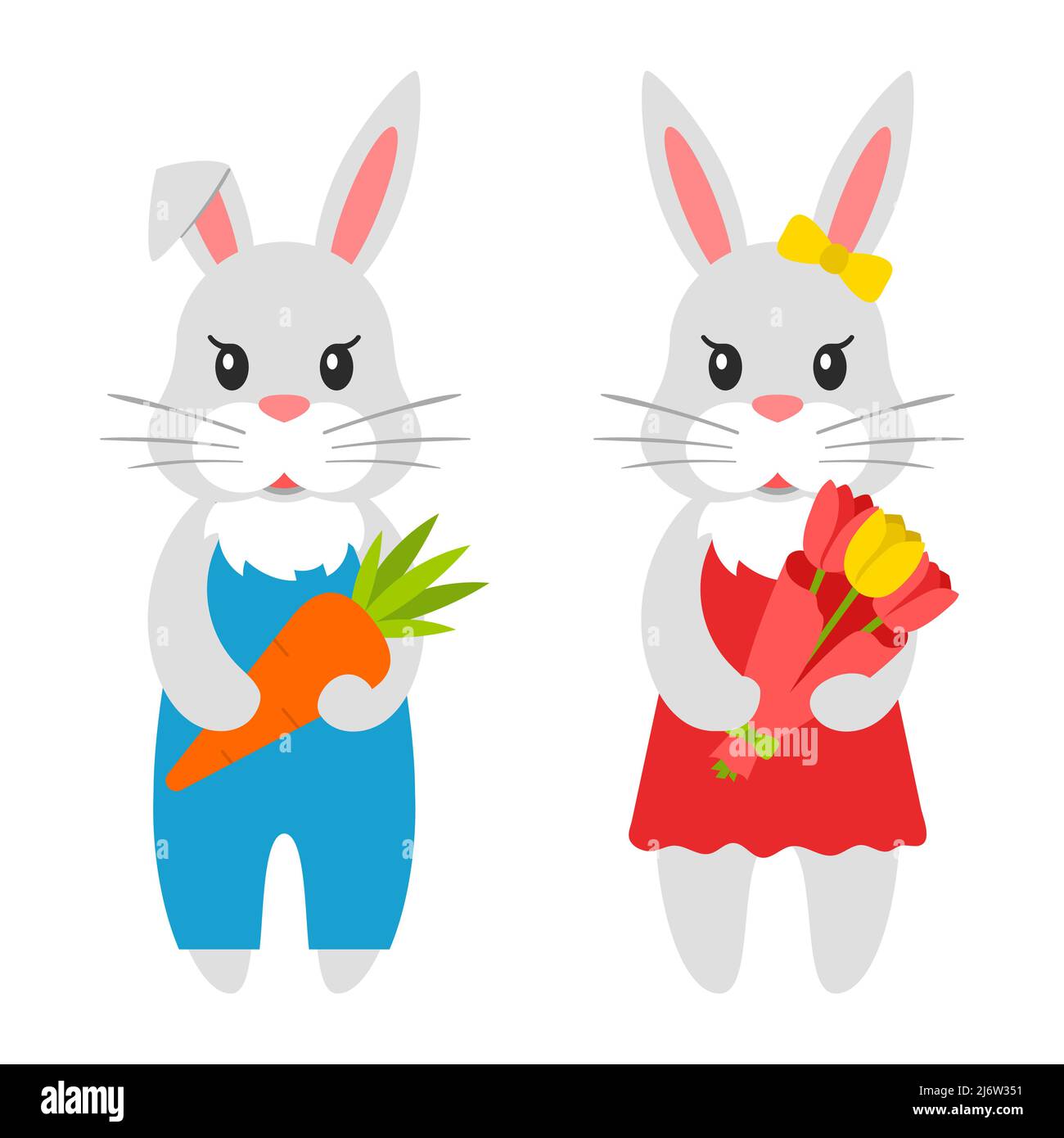 Two simple cute bunnies. Cute characters, a rabbit with a carrot and a ...