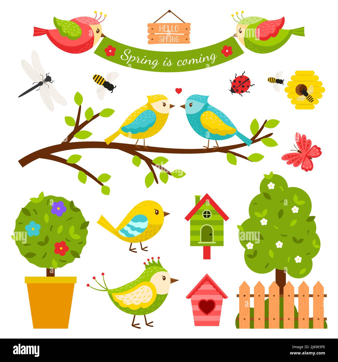 Collection of design elements on the theme of spring. Colorful cartoon ...