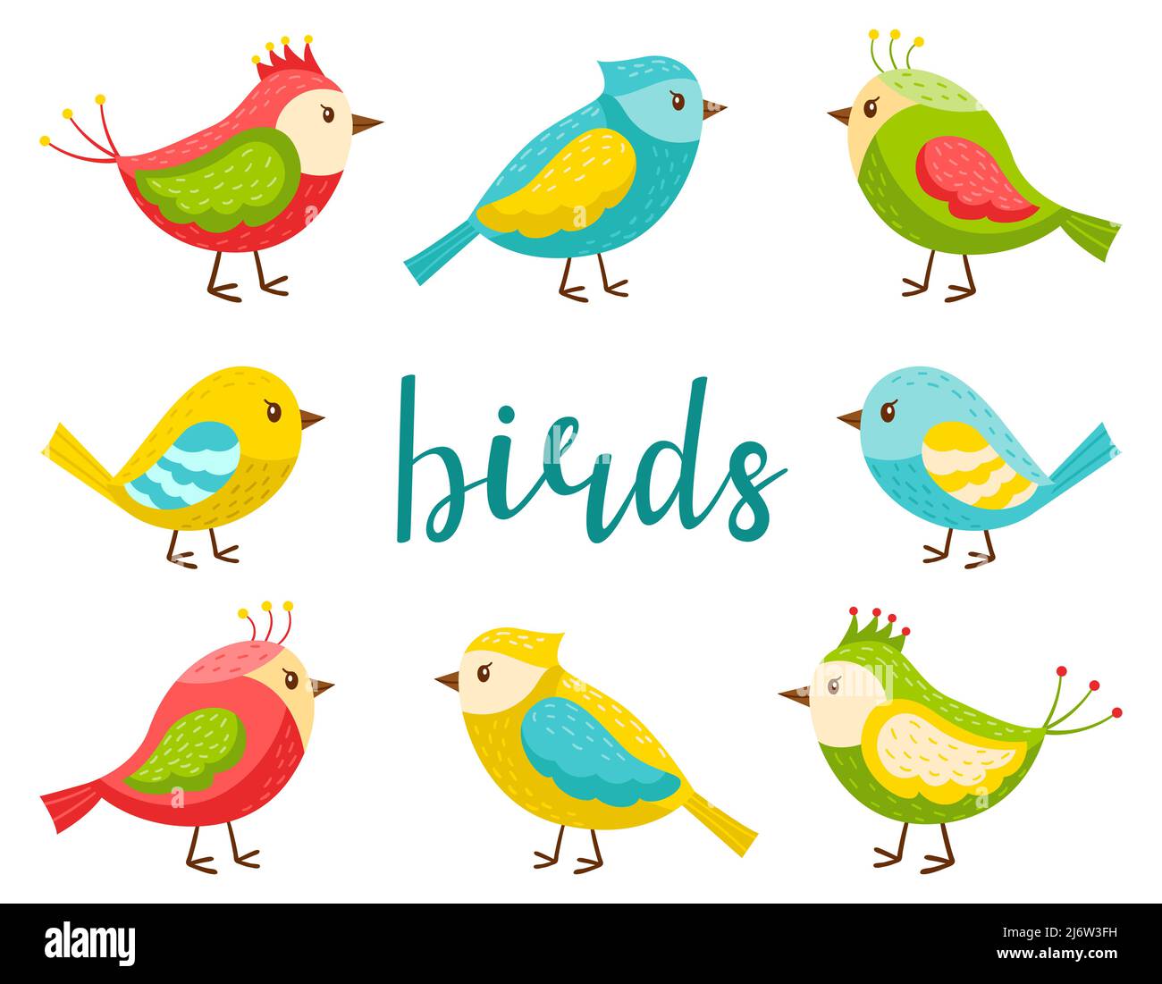 A set of bright cute birds. A collection of cartoon spring birds in a ...