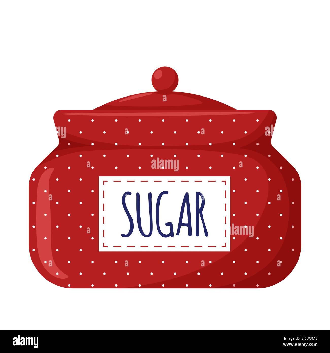 Red sugar bowl with polka dots. With lid and label. Kitchen utensils ...