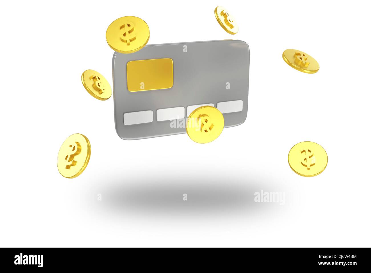 Bank card and floating coins around on white background. 3d render ...