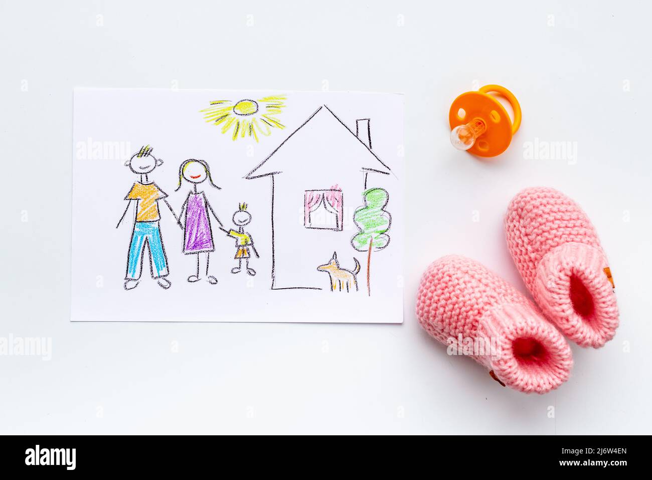 Drawing of parents and child at home. Adoption concept Stock Photo - Alamy