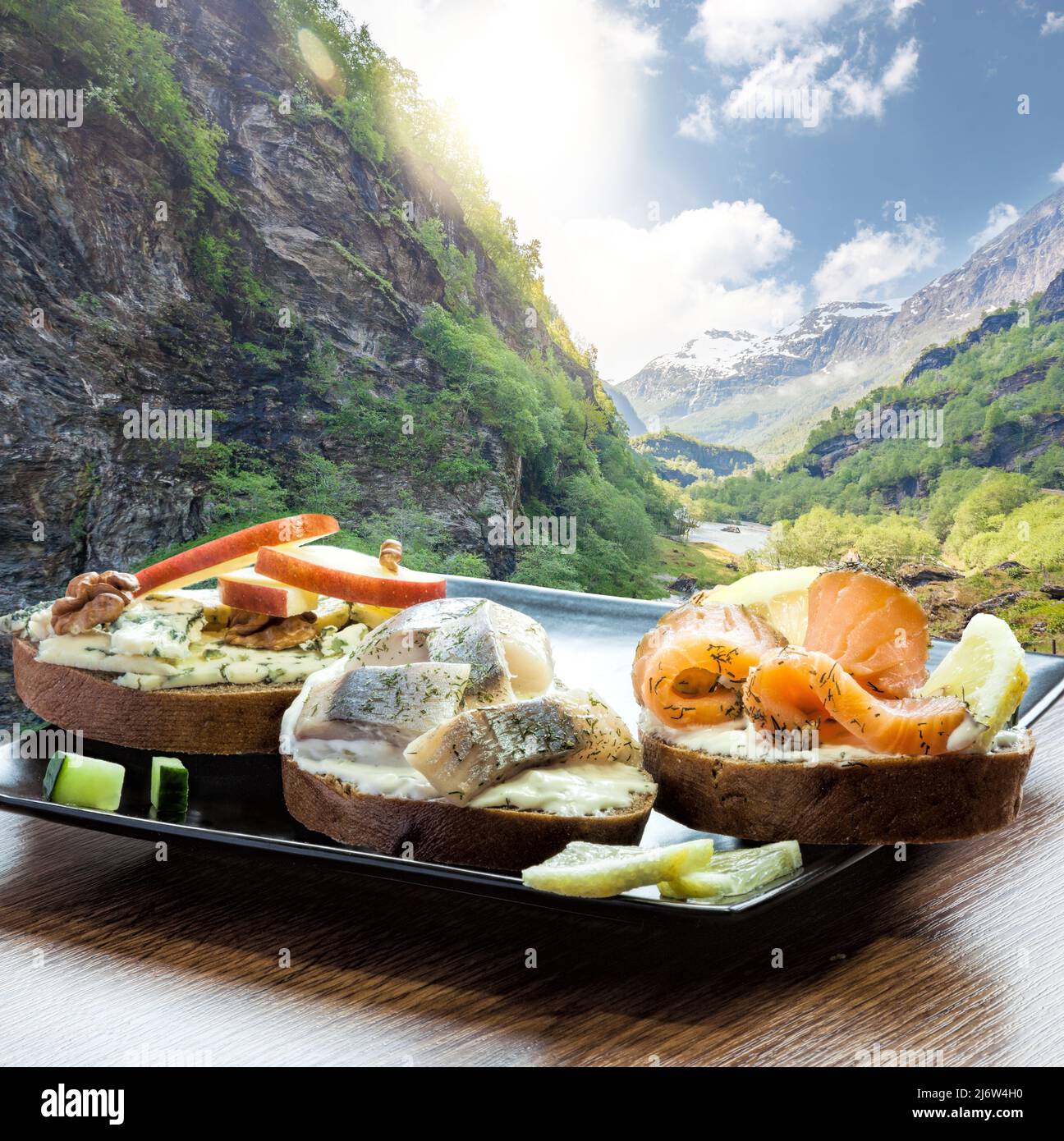 Typical Scandinavian sandwiches against deep walley close the train ...