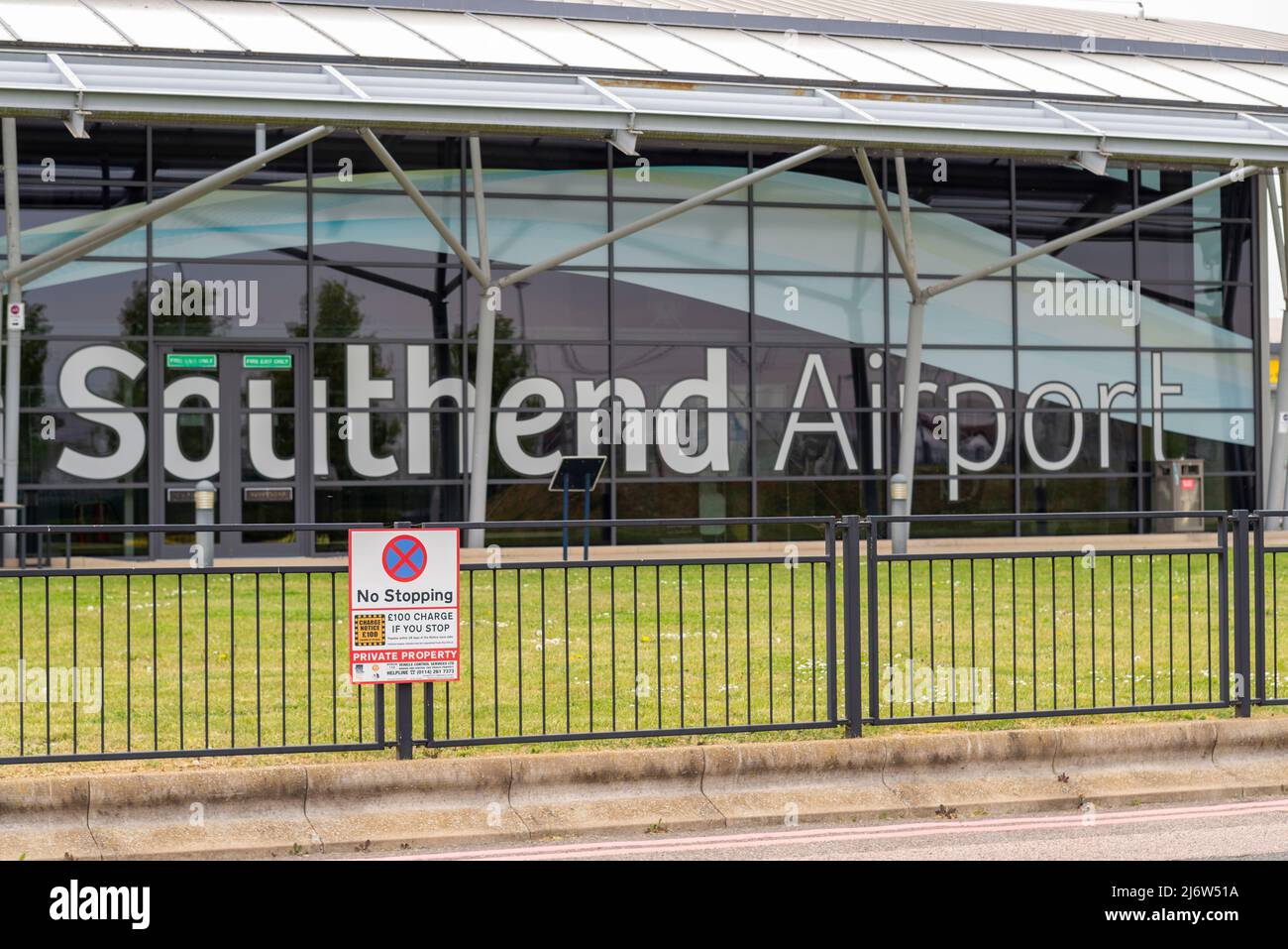 No stopping warning sign at London Southend Airport, Essex, UK, on the ...
