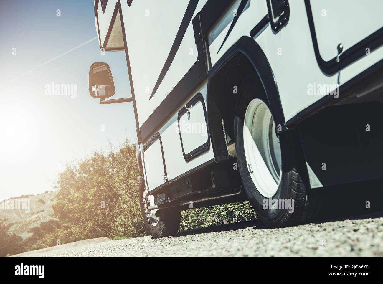 Recreational Class C Motorhome Vehicle on the Side of a Road. Summer ...