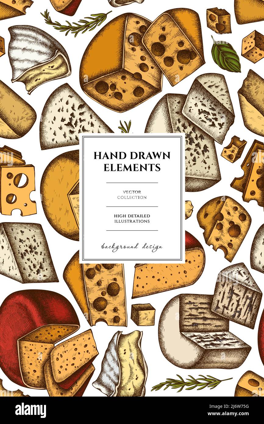 Cheese pattern card design. Hand drawn brie, gouda cheese, roquefort ...