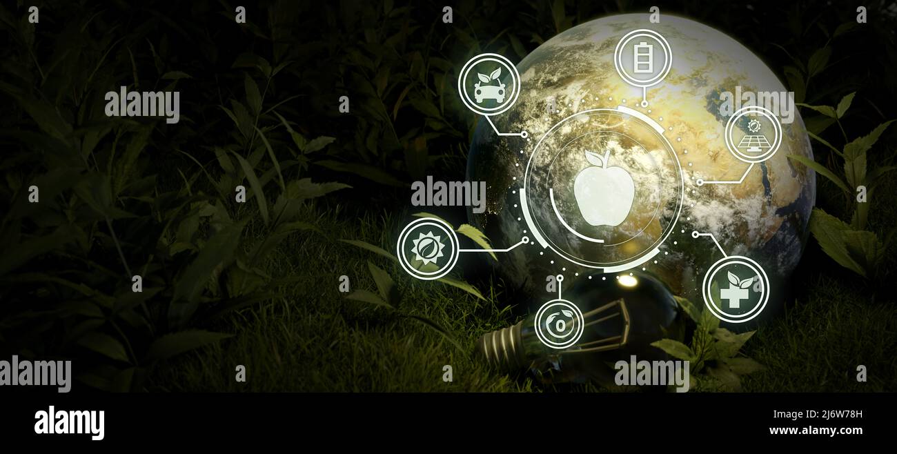 Globe with network connection and ESG icons. Environment social and ...
