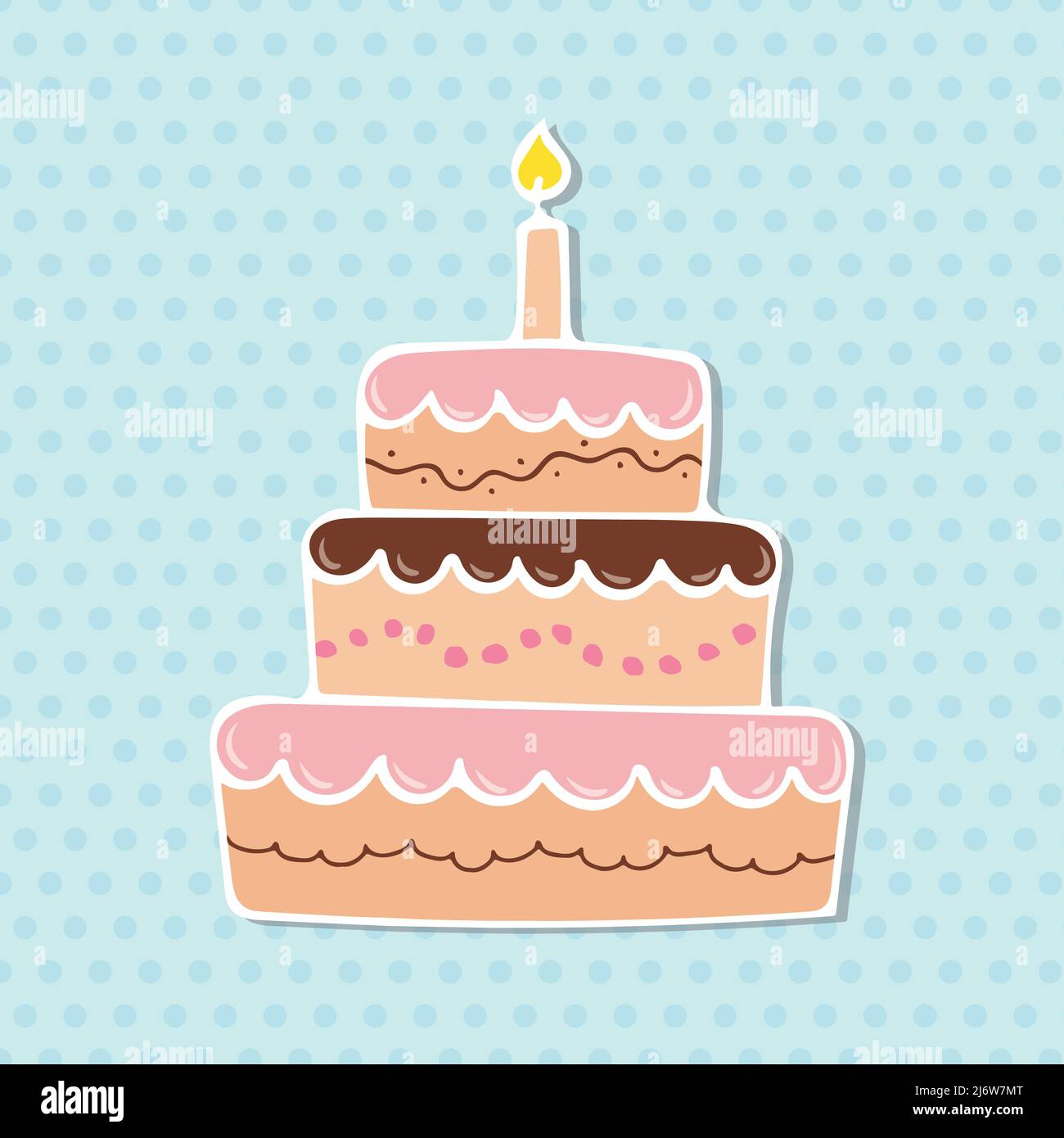 Colorful birthday cake with candle. Hand drawn outline illustration ...