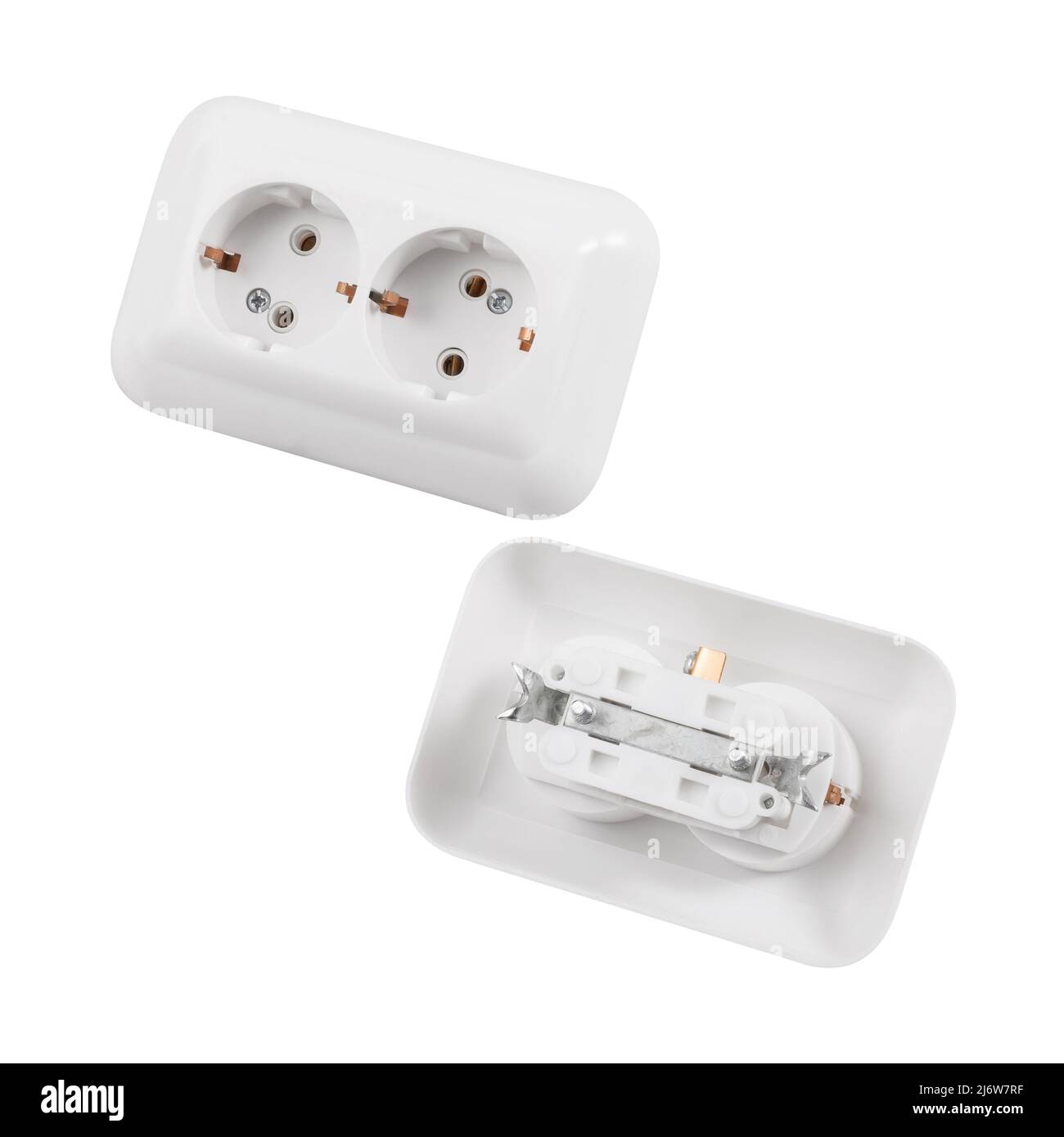 Electric built-in(flat) white socket for 2 connectors isolated on a ...