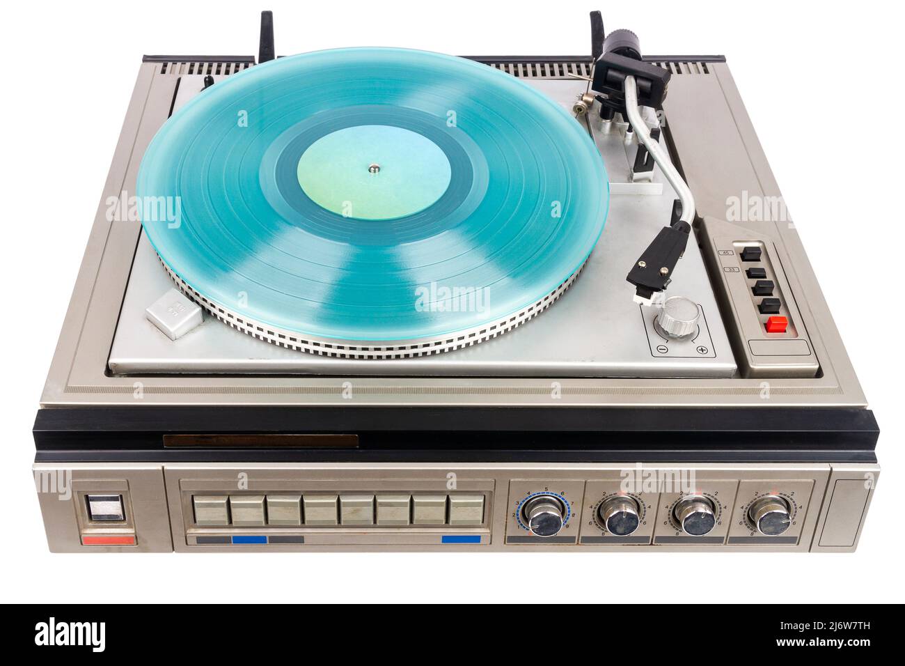 Vintage turntable record player with turquoise vinyl isolated on white background Stock Photo ...