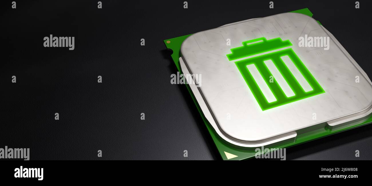 Recycle bin icon on dark background with microchip 3d render Stock ...