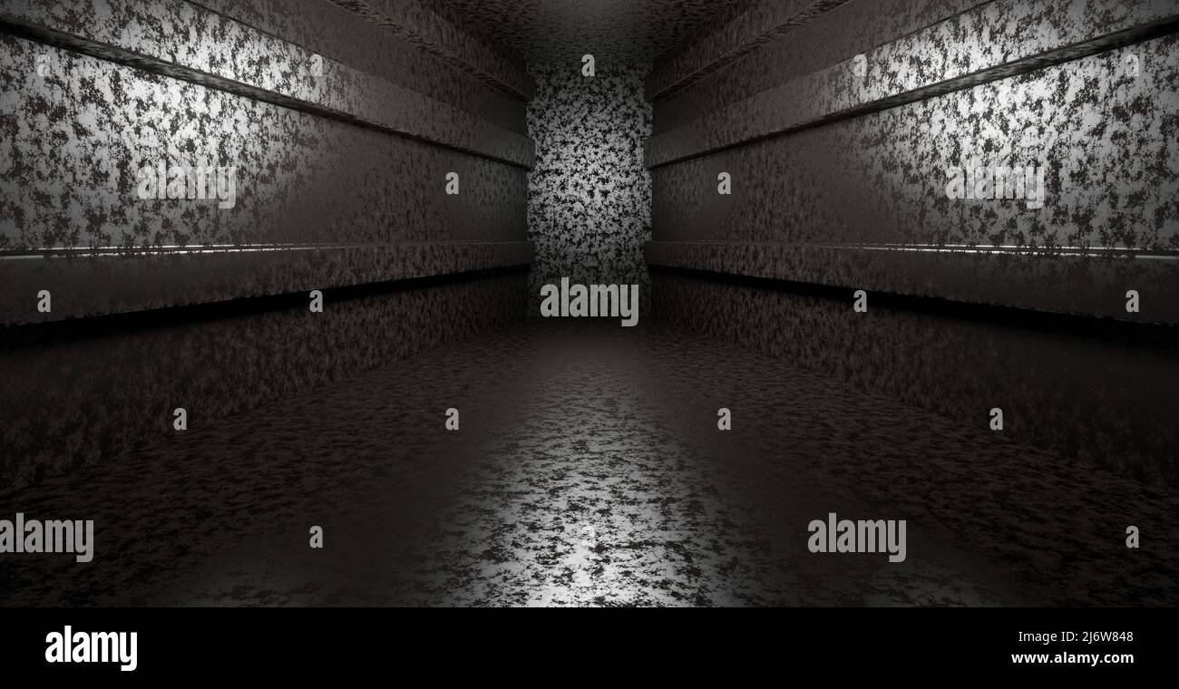 Rustic rusty metal wall on metal ground with ray of spot light. 3d ...