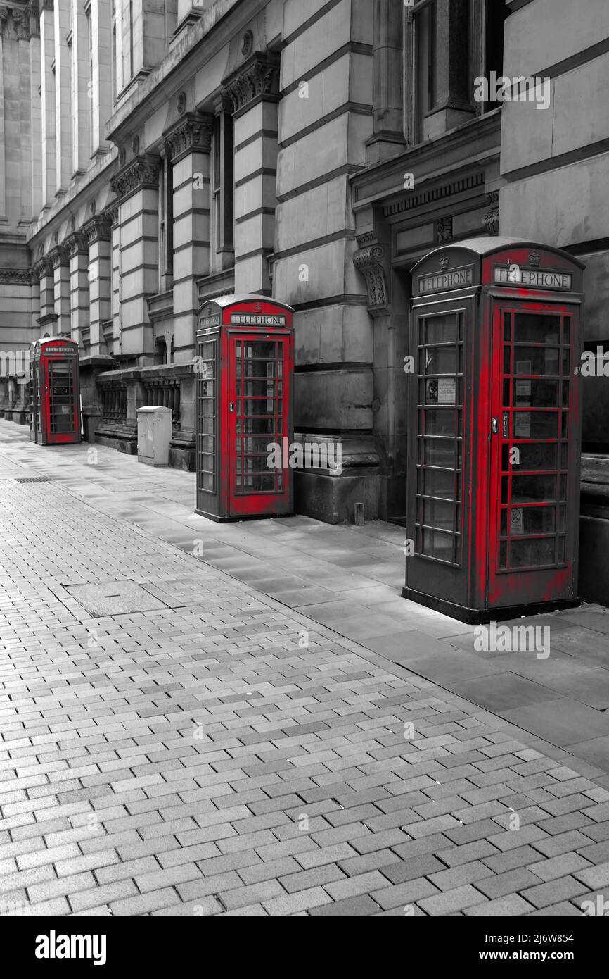 Selective colour of the Iconic red telephone boxes in Eden Place ...