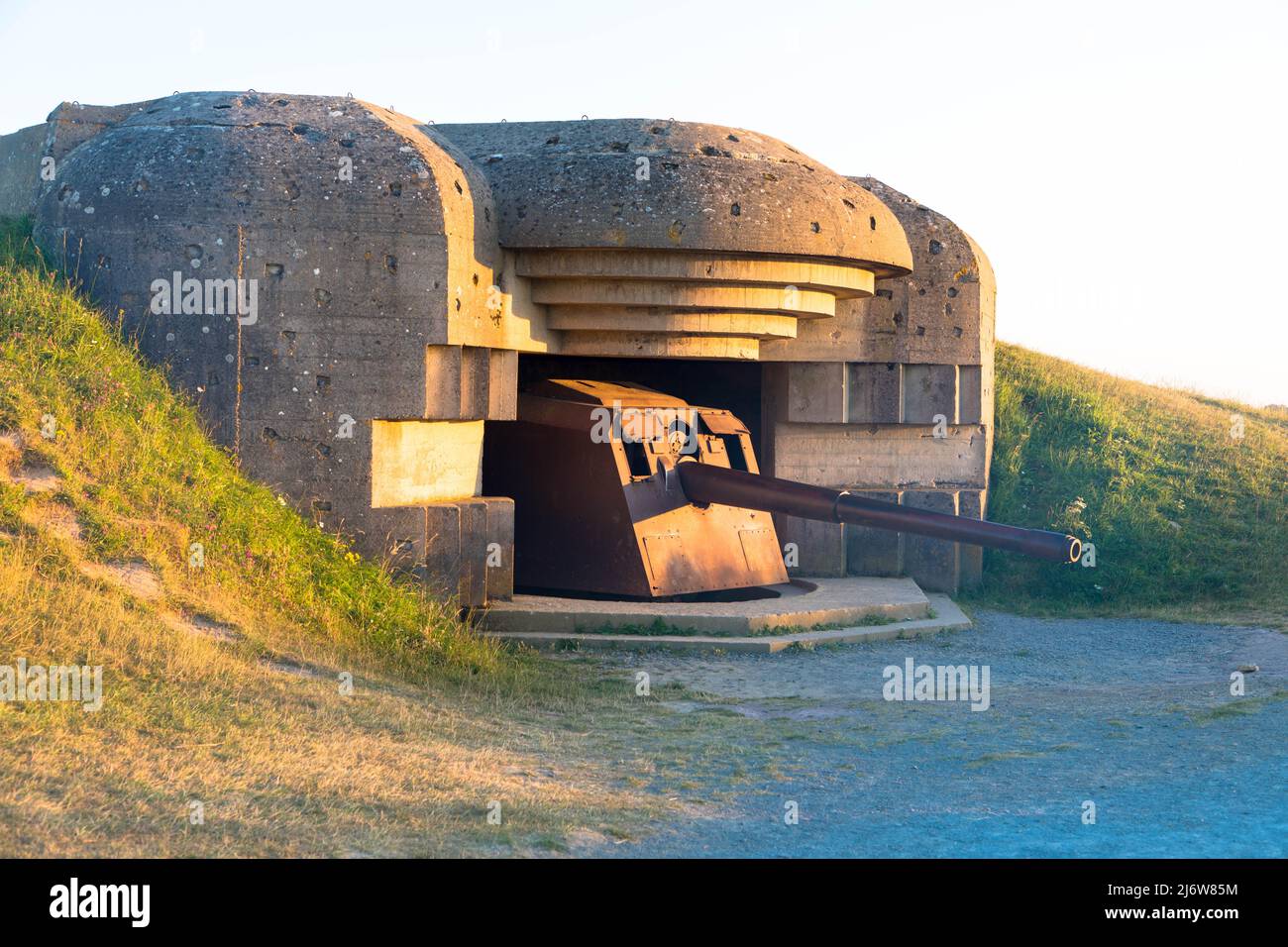 Gun emplacement at Omaha Beach. Bomb shelter with german long-range ...
