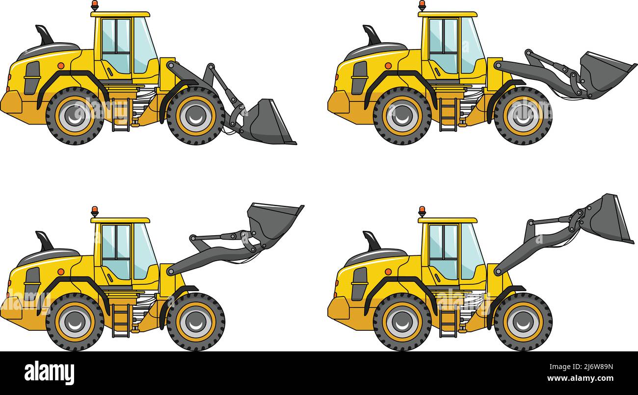 Detailed illustration of wheel loaders, heavy equipment and machinery ...