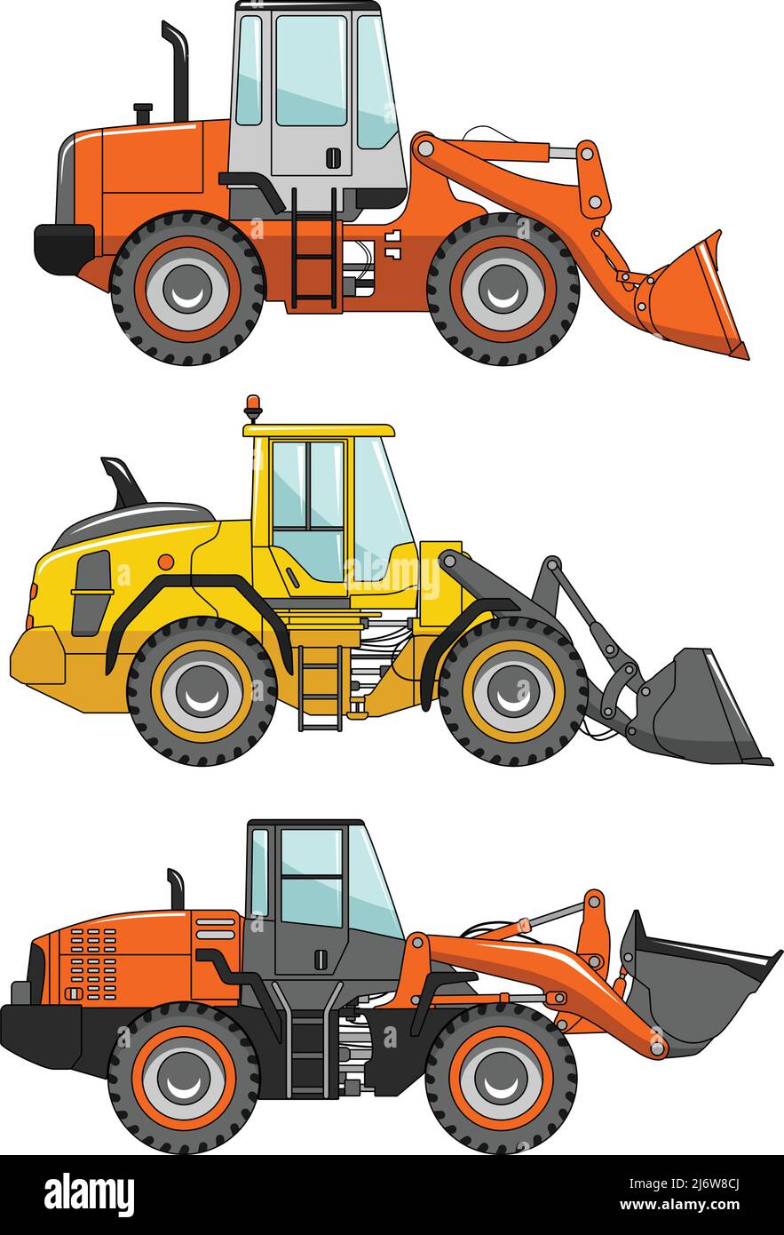 Detailed illustration of wheel loaders, heavy equipment and machinery ...