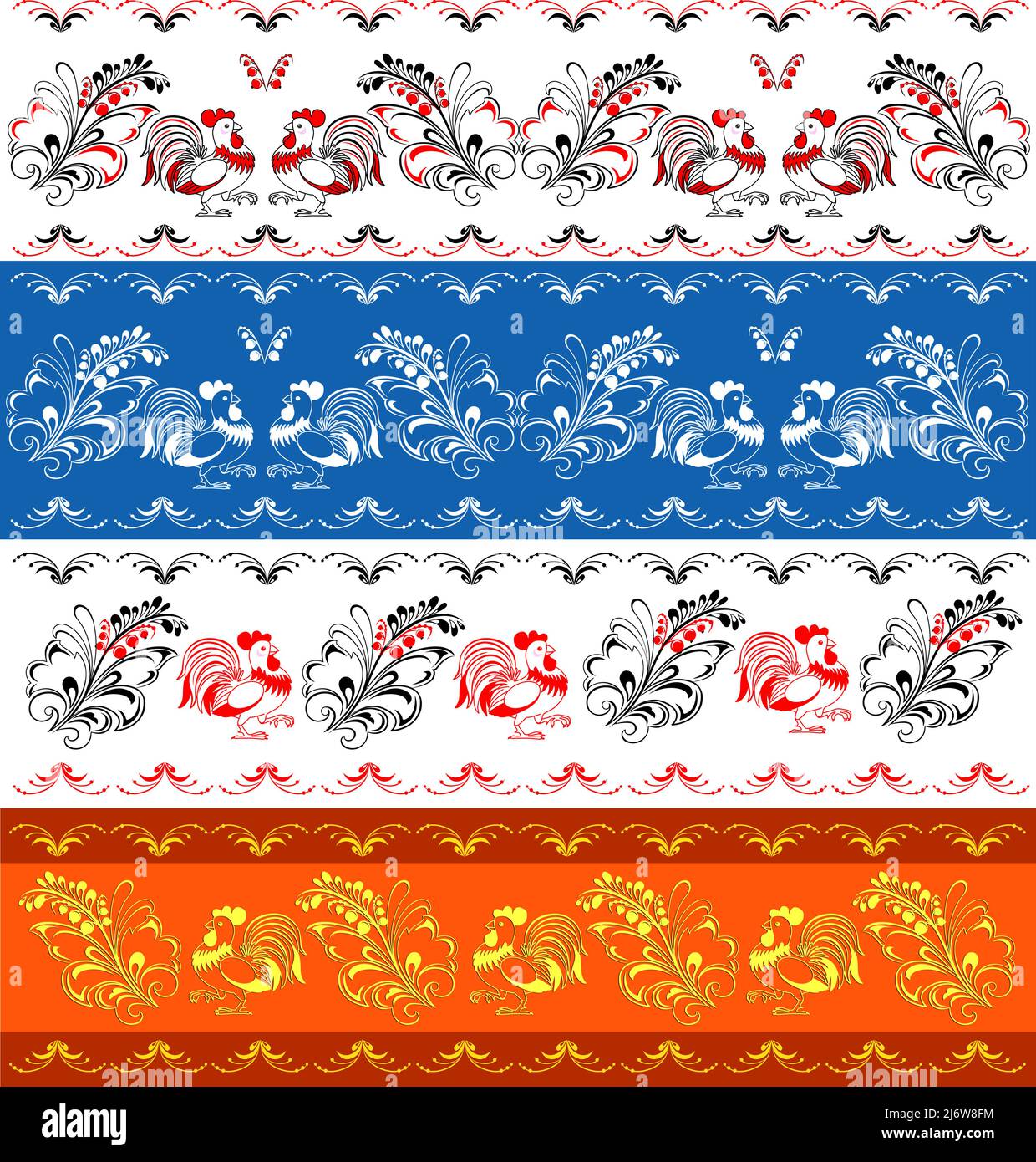 Set of colorful floral borders with roosters. Floral wallpaper with ...
