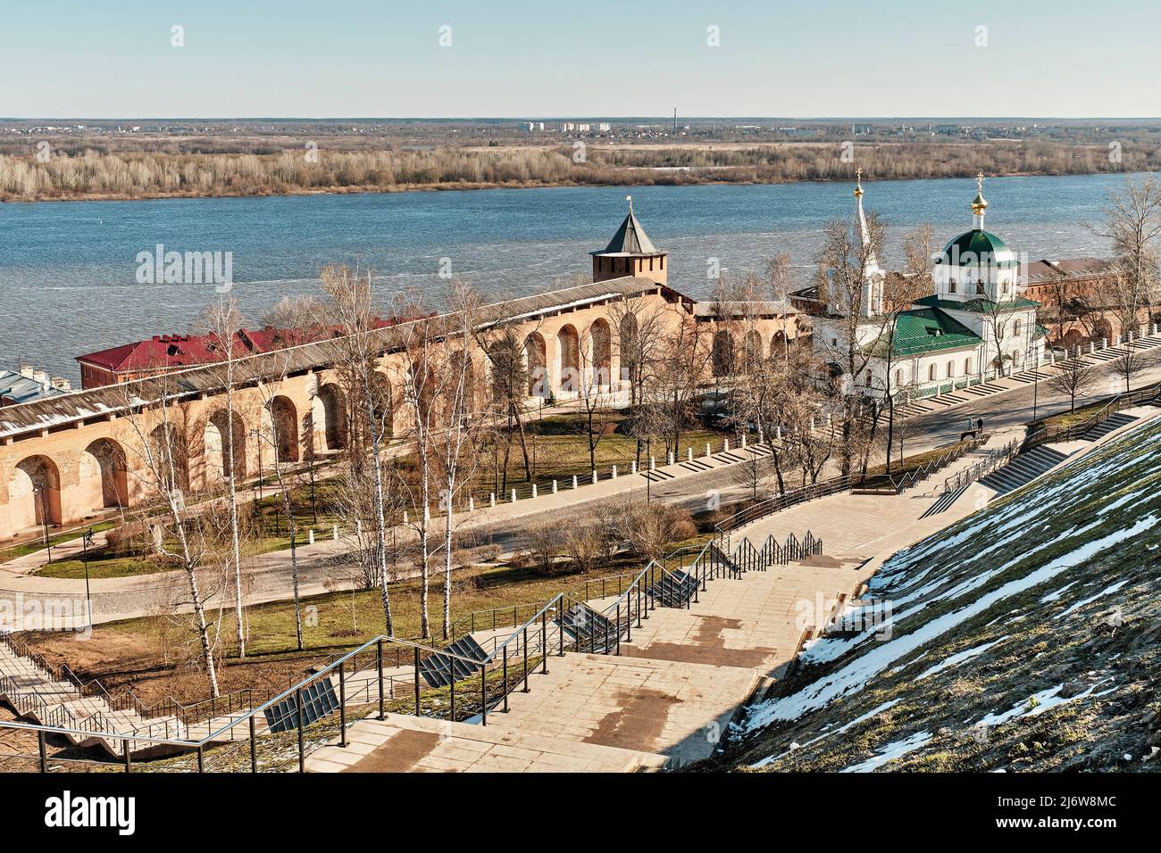 Recreated Church of Simeon Stylite, White tower, walls of Nizhny Novgorod Kremlin and Volga ...