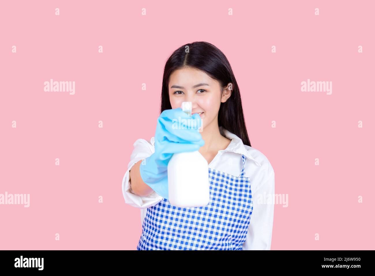 Portrait asian beautiful woman wearing apron and rubber gloves for ...
