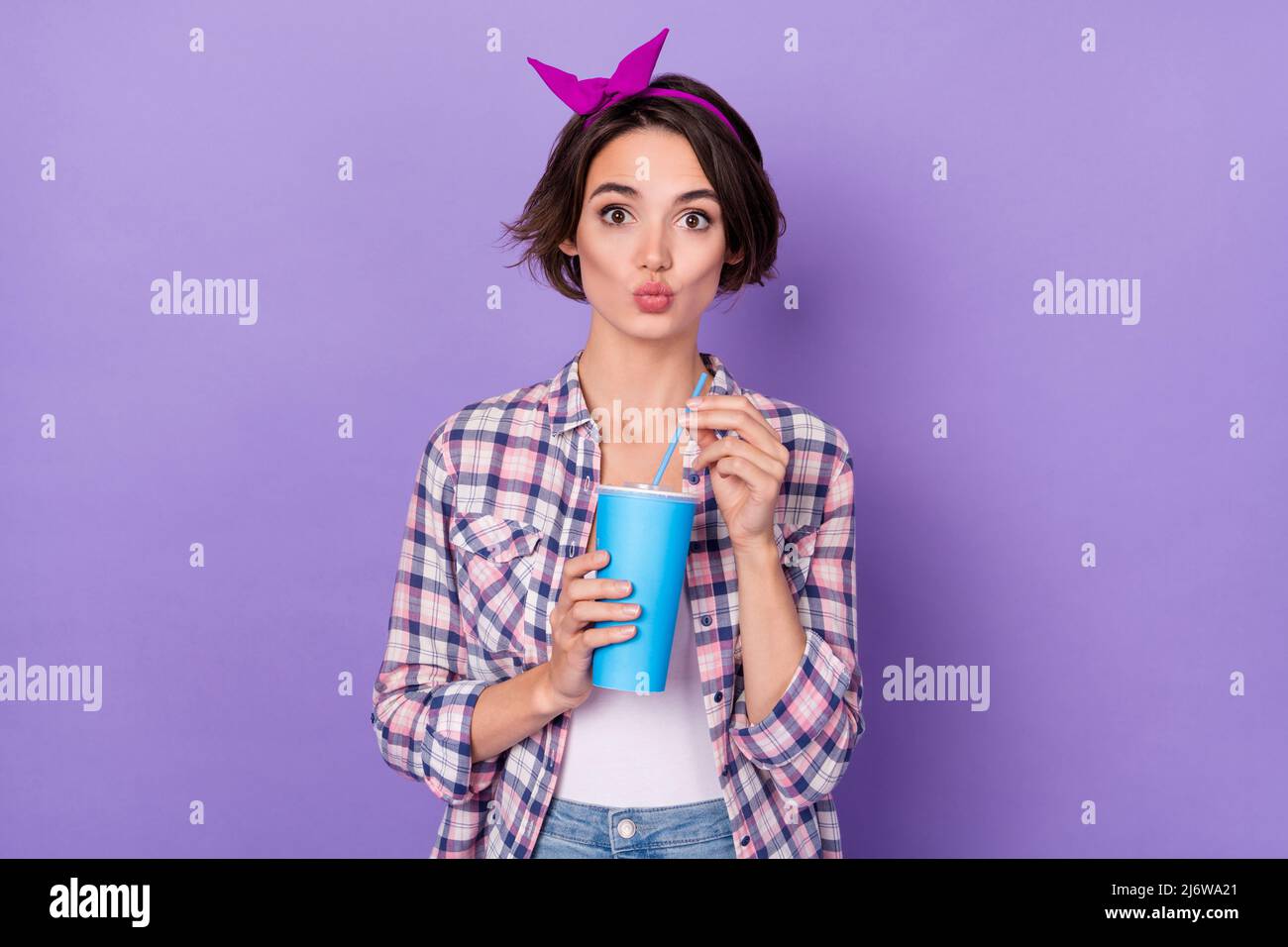 Photo of young pretty lady coquettish pouted lips date feelings romance ...