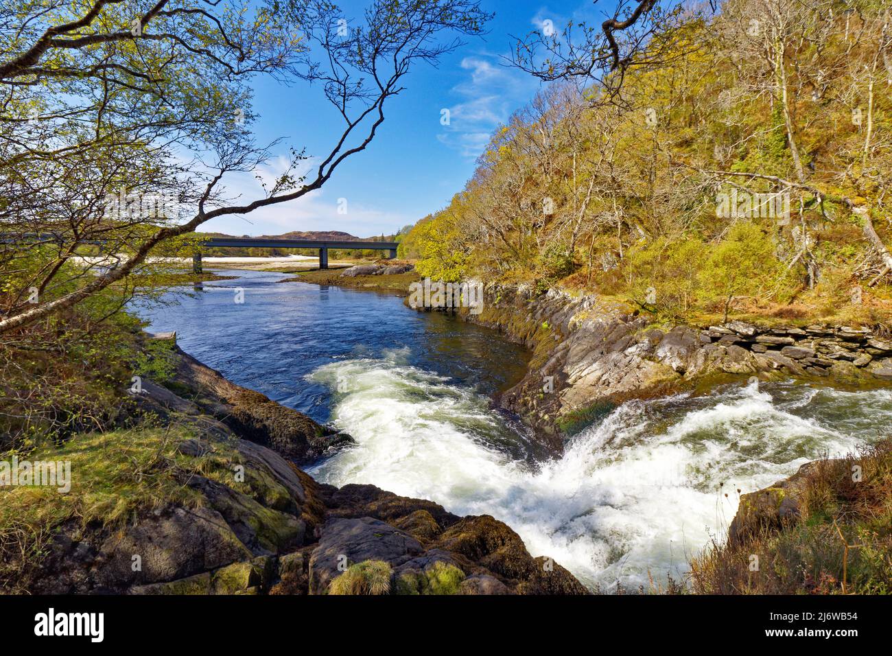 MORAR SCOTLAND THE RIVER MORAR A WATERFALL THEN FLOWING UNDER THE ROAD ...