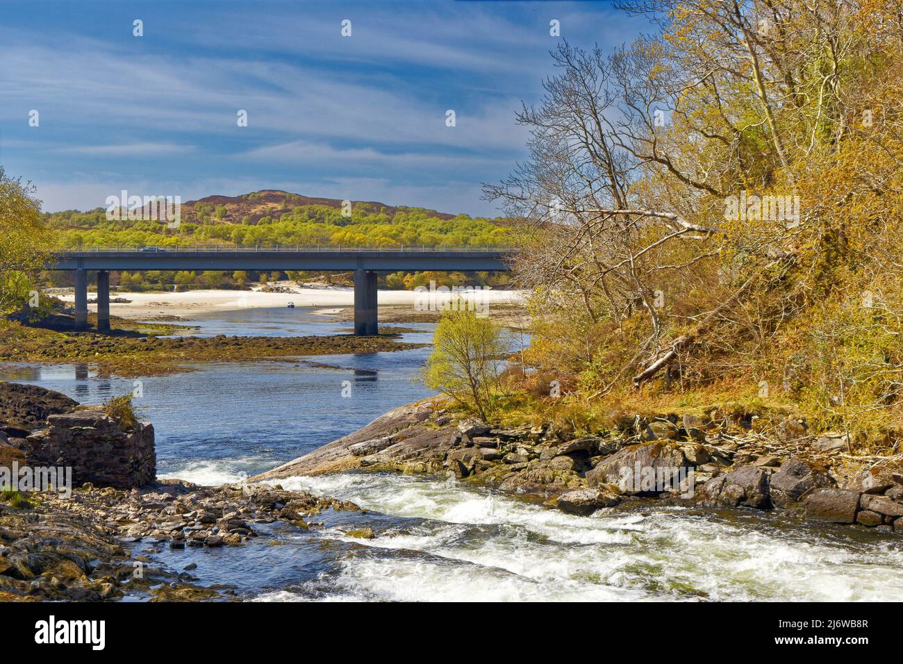 MORAR SCOTLAND THE RIVER MORAR FLOWING UNDER THE ROAD BRIDGE TOWARDS ...