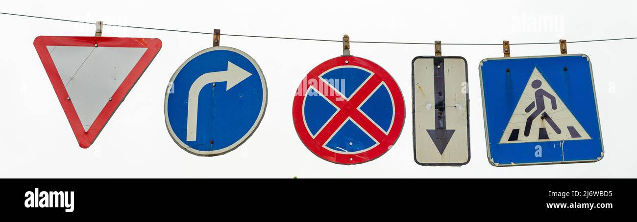 Set of road signs on white background. Collage Stock Photo - Alamy