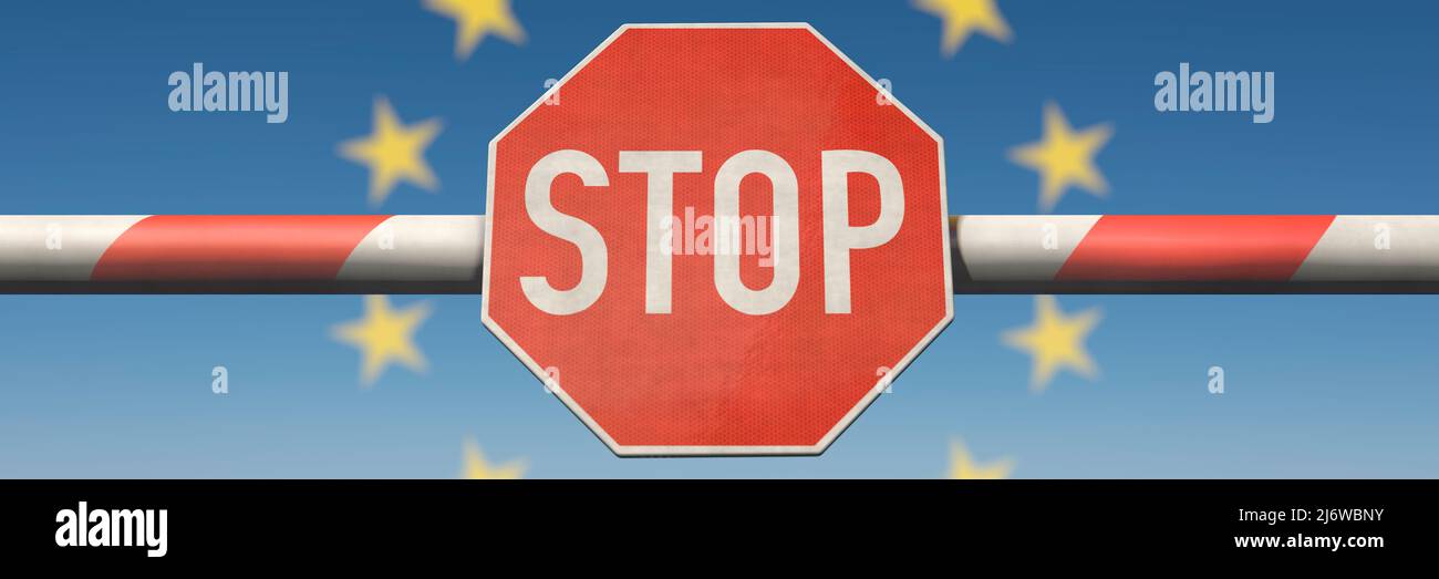 Barrier with stop sign and European stars in the background Stock Photo ...