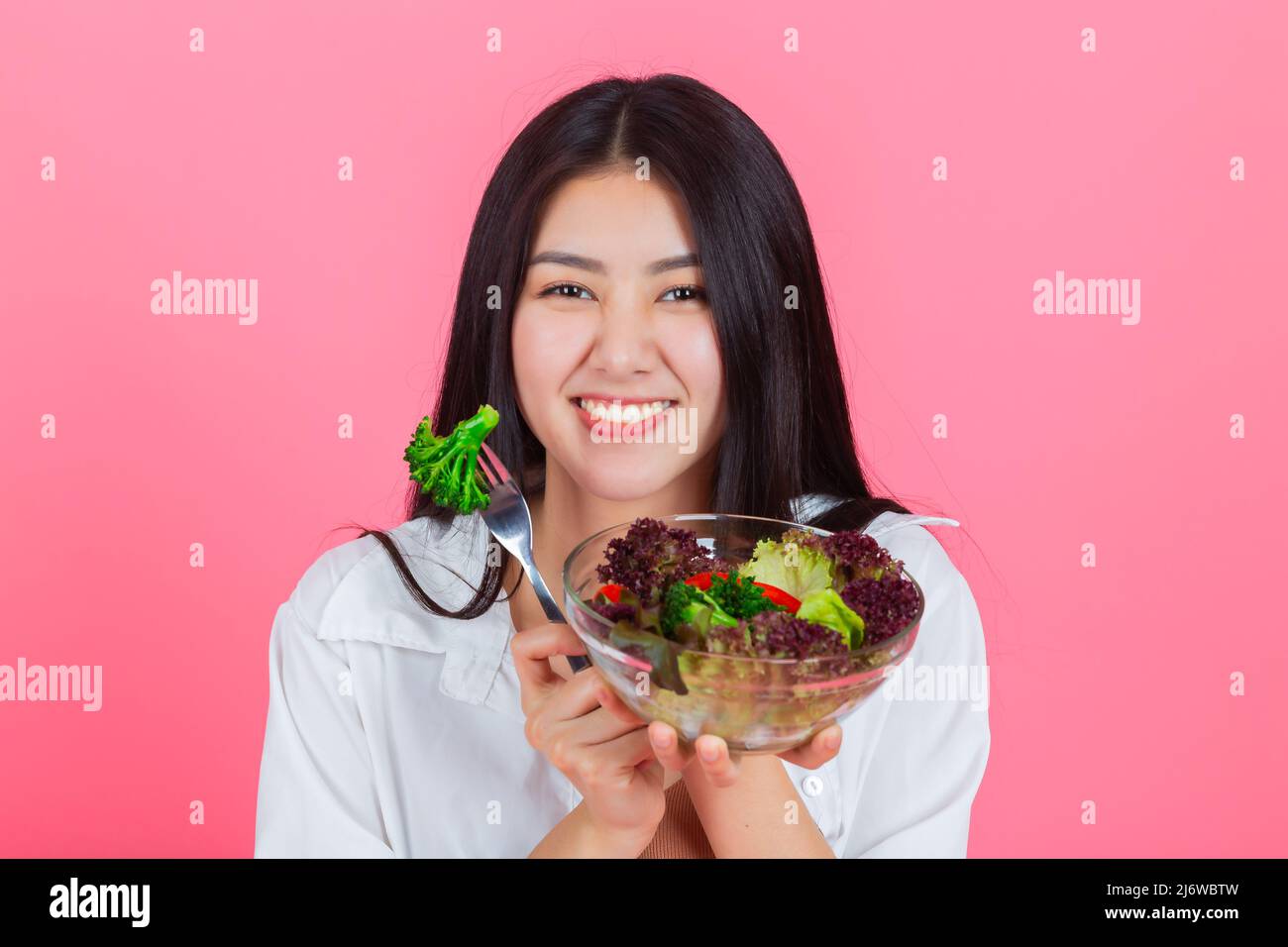 asian woman eating healthy fresh vegetable with copy space, Beauty ...