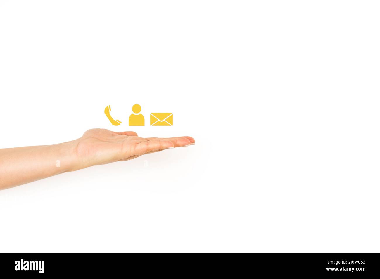 Woman hand showing communication icons on a white background witth copy ...