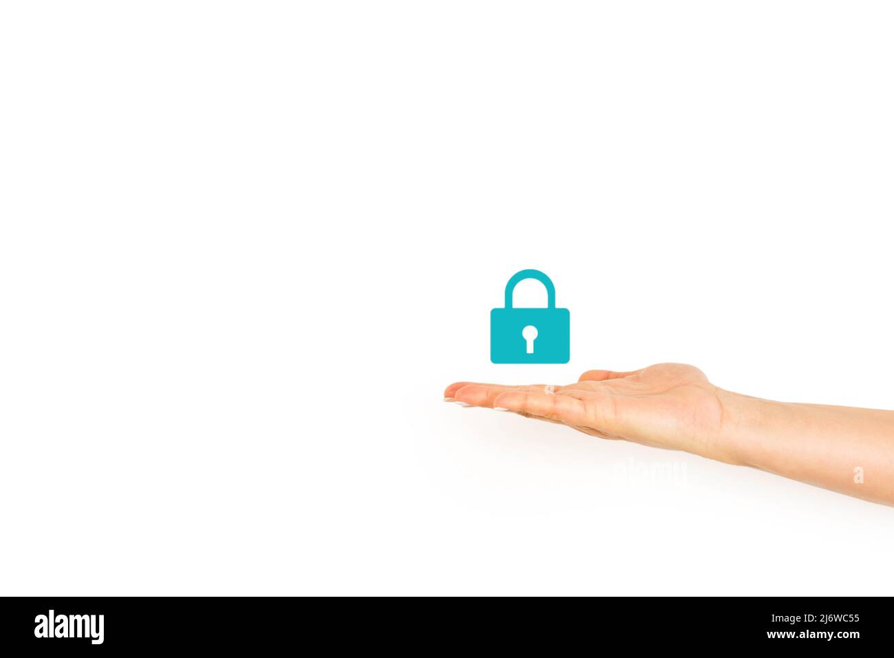 Woman hand showing a padlock icon on a white background with copy space ...