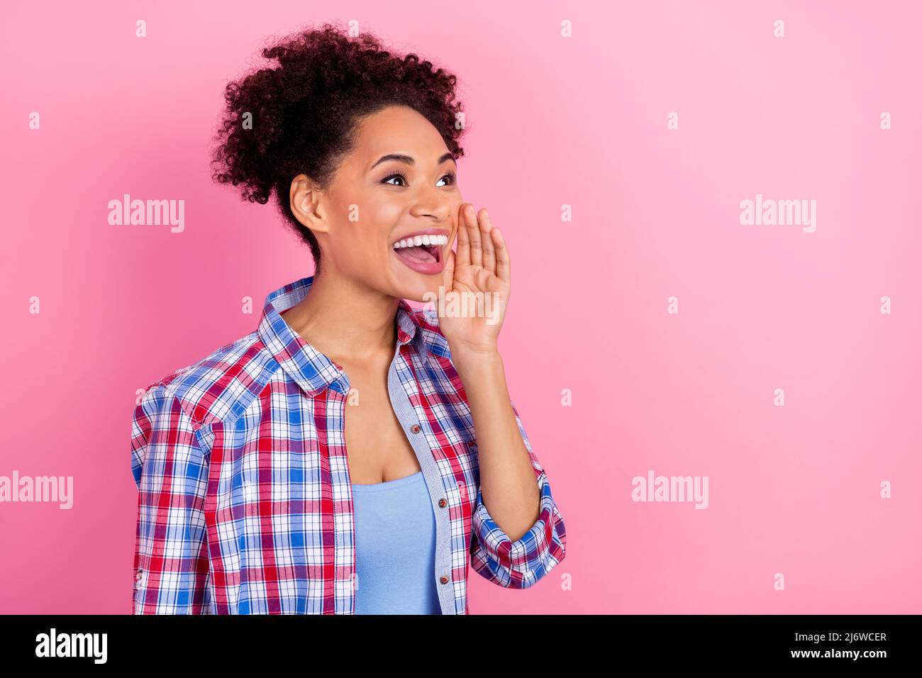 Photo of hooray curly hairdo lady say secret wear blue shirt isolated ...