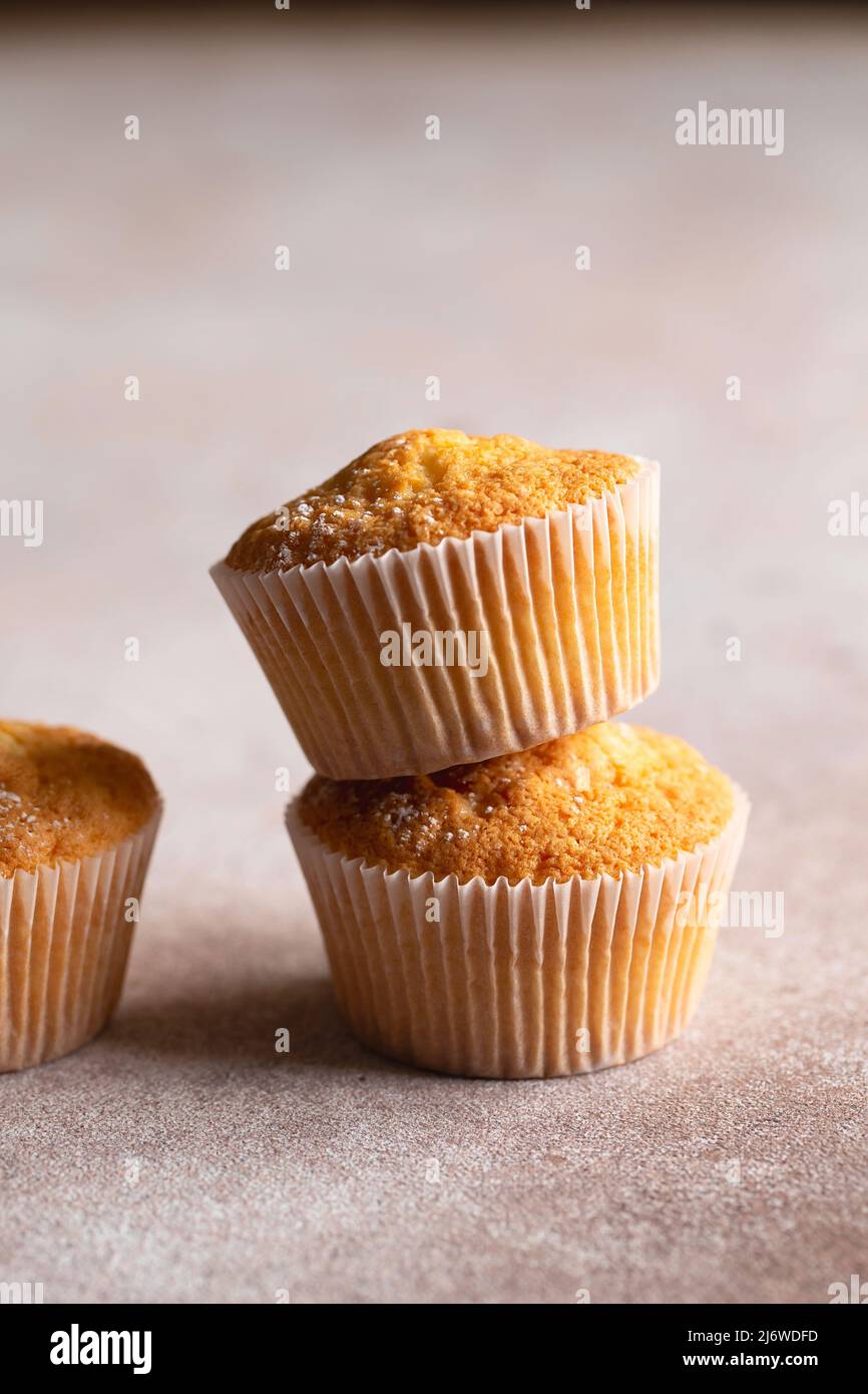 Sweet muffins with powdered sugar. Homemade bakery. Muffins in white ...