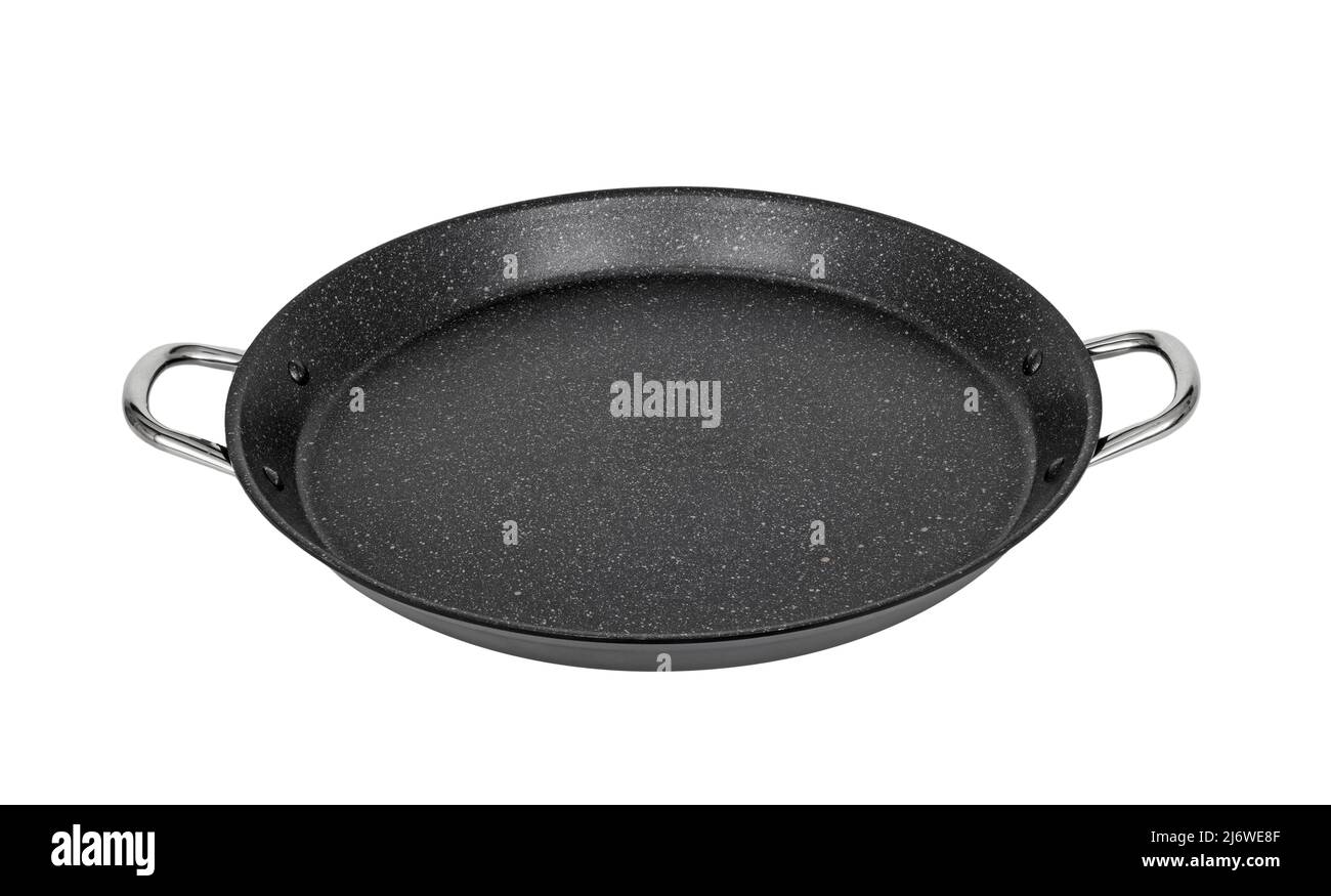 a non-stick casserole, with two shiny metal handles, on a white ...