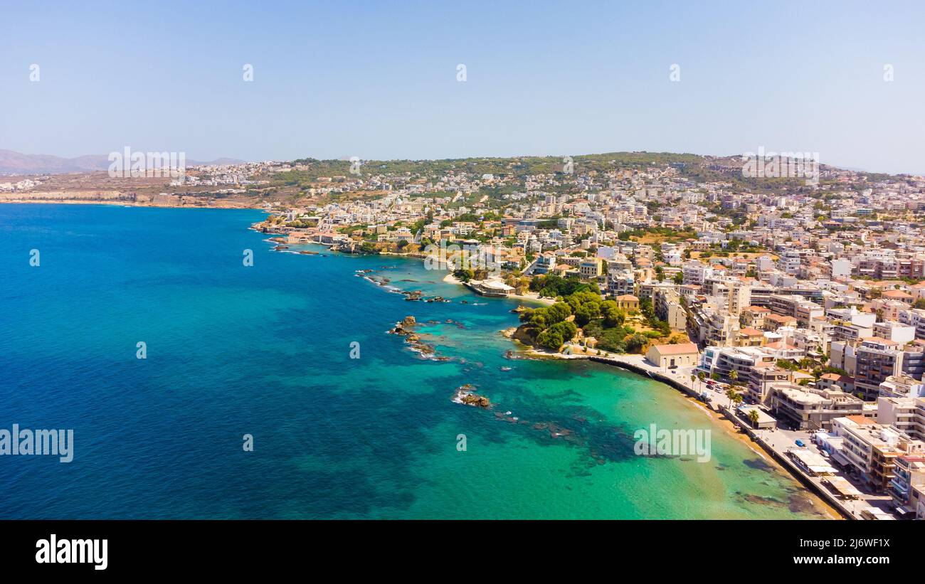 Aerial view of the beautiful city of Chania with it's old harbor and ...