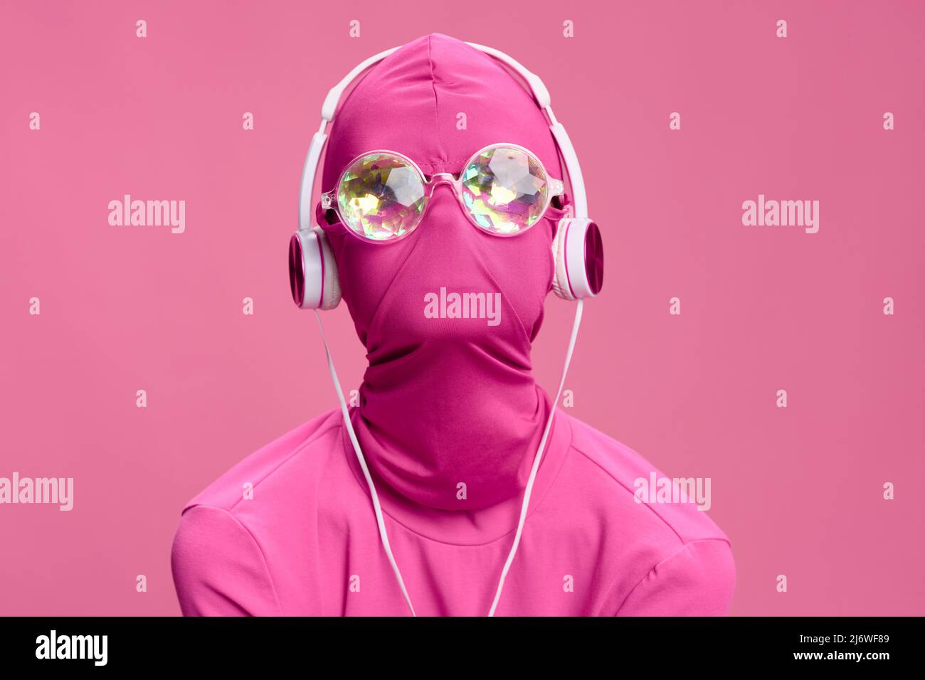 Creative crazy pink photo on a pink background with pink clothes and ...
