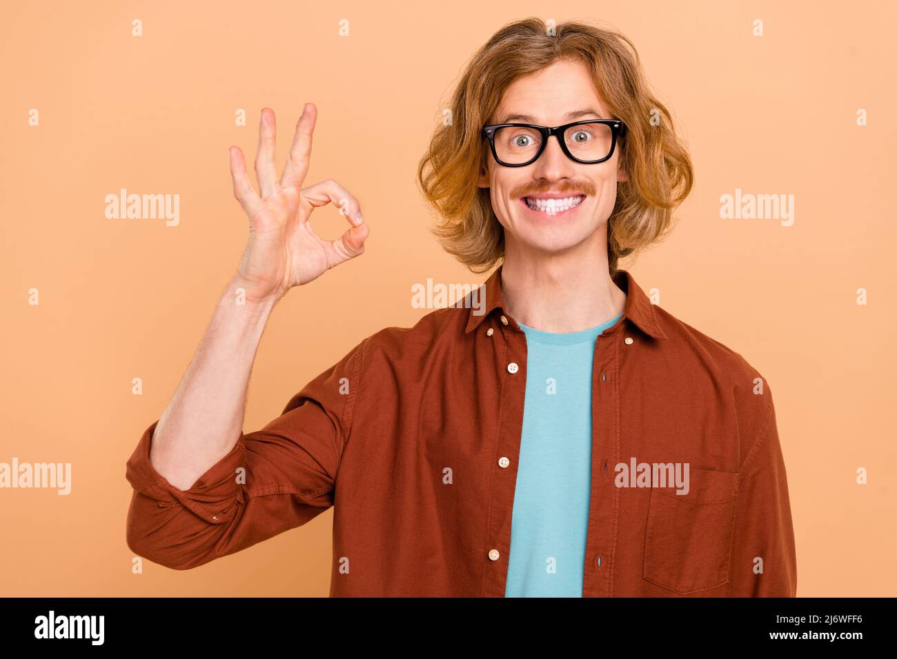 Portrait of attractive cheerful funky red-haired guy showing ok-sign ...
