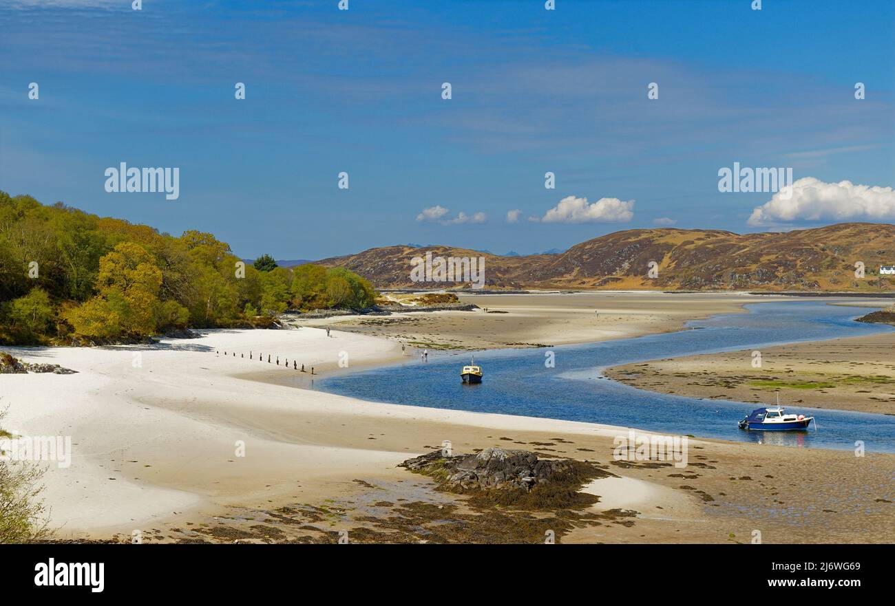 MORAR SCOTLAND A BLUE SKY A WHITE SAND BEACH OF CAMUSDARACH TWO BOATS ...