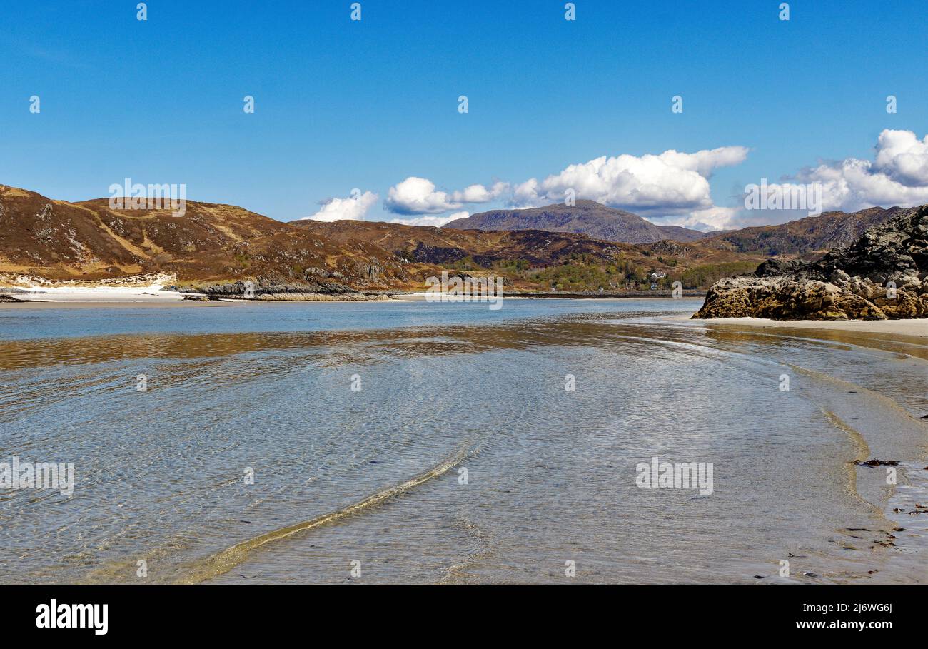 MORAR SCOTLAND A BLUE SKY OVER THE BAY AND WHITE SAND BEACHES IN SPRING ...
