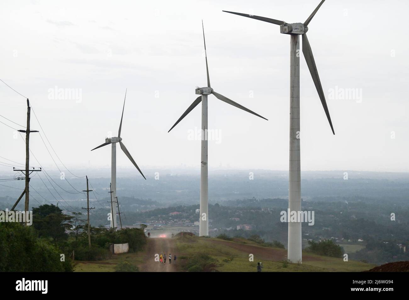 KENYA, Nairobi, Ngong Hills, Gamesa wind turbines windfarm, view to ...