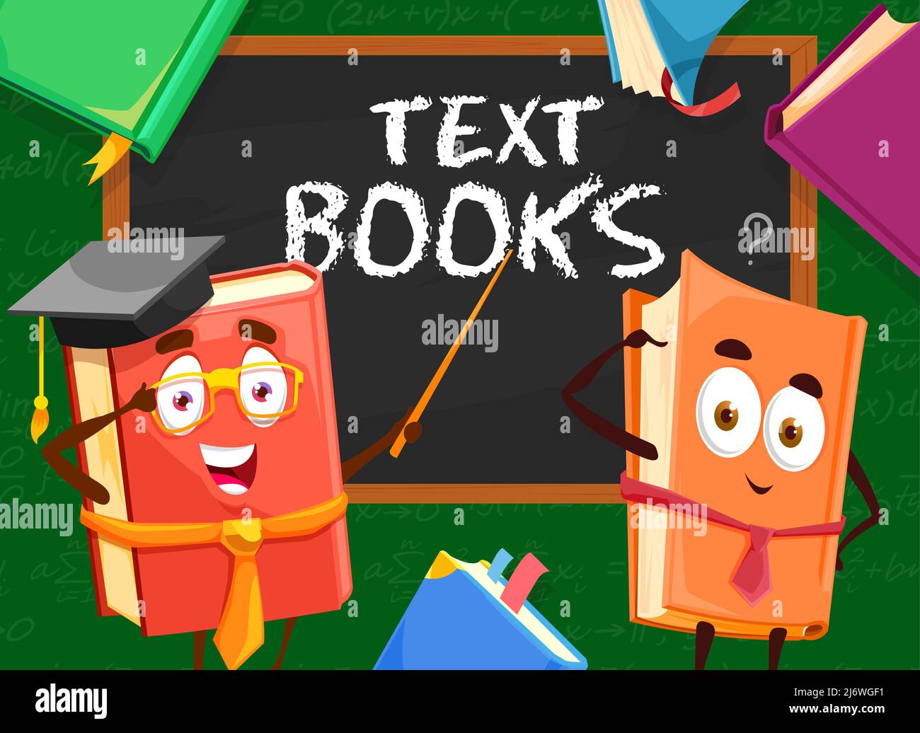 Textbook cartoon characters in school. Vector funny books teacher in ...