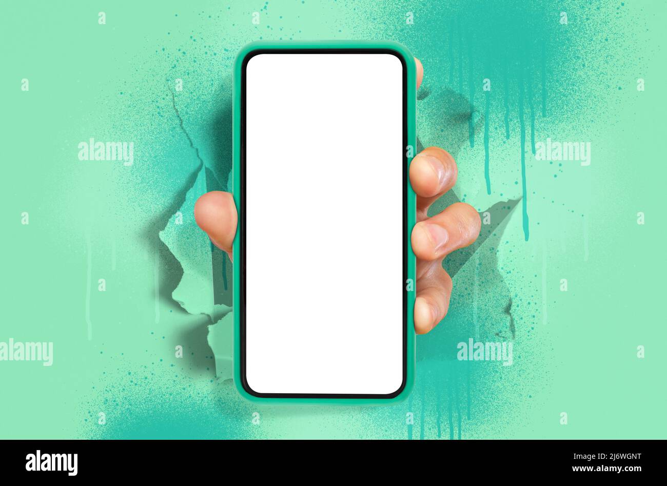 Collage of hand showing empty smartphone screen breaking through paper ...