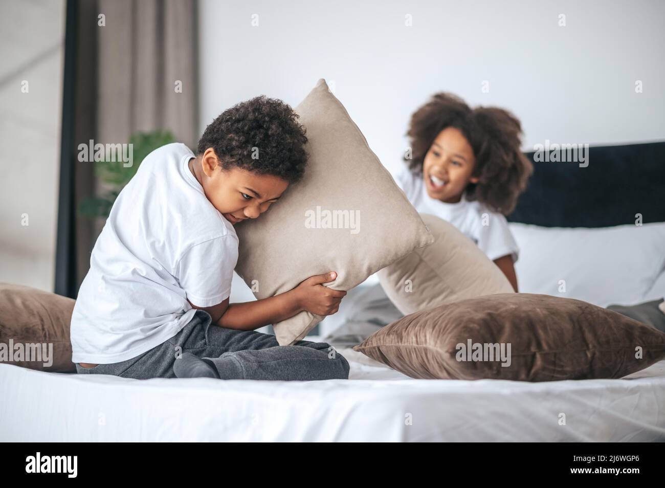 Siblings spending time at home and playing with pillows Stock Photo - Alamy